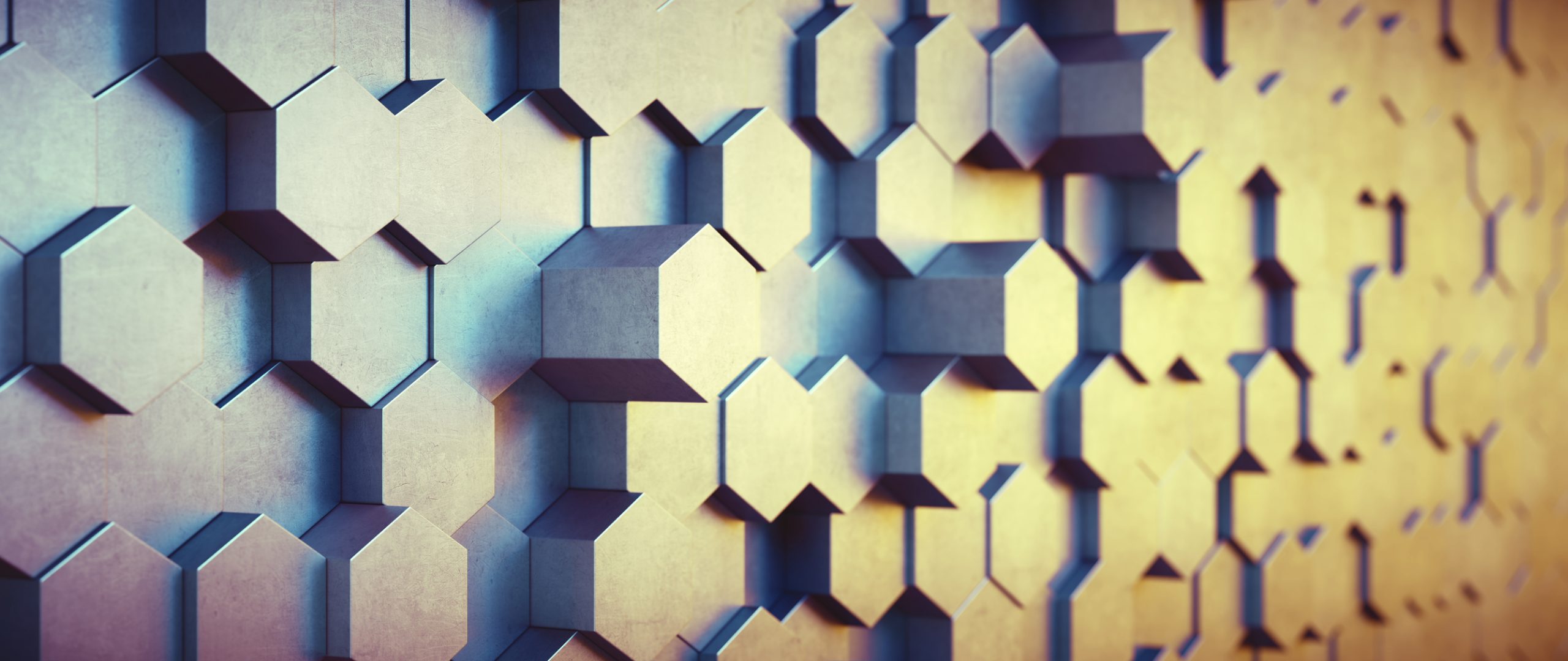 Side view on an abstract surface with metallic hexagon block shapes ...